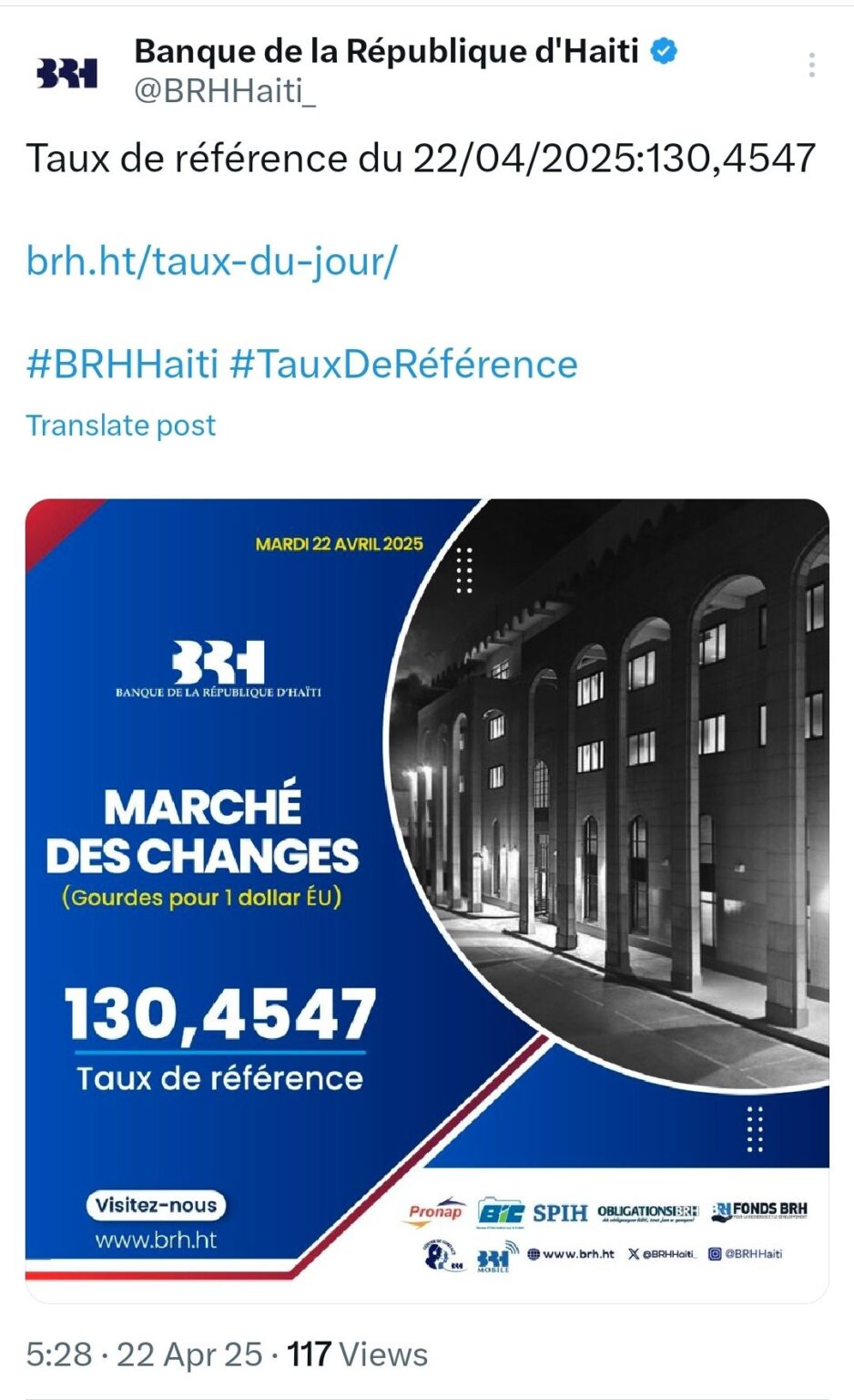 Taux de référence de la BRH pour le 22 avril 2025