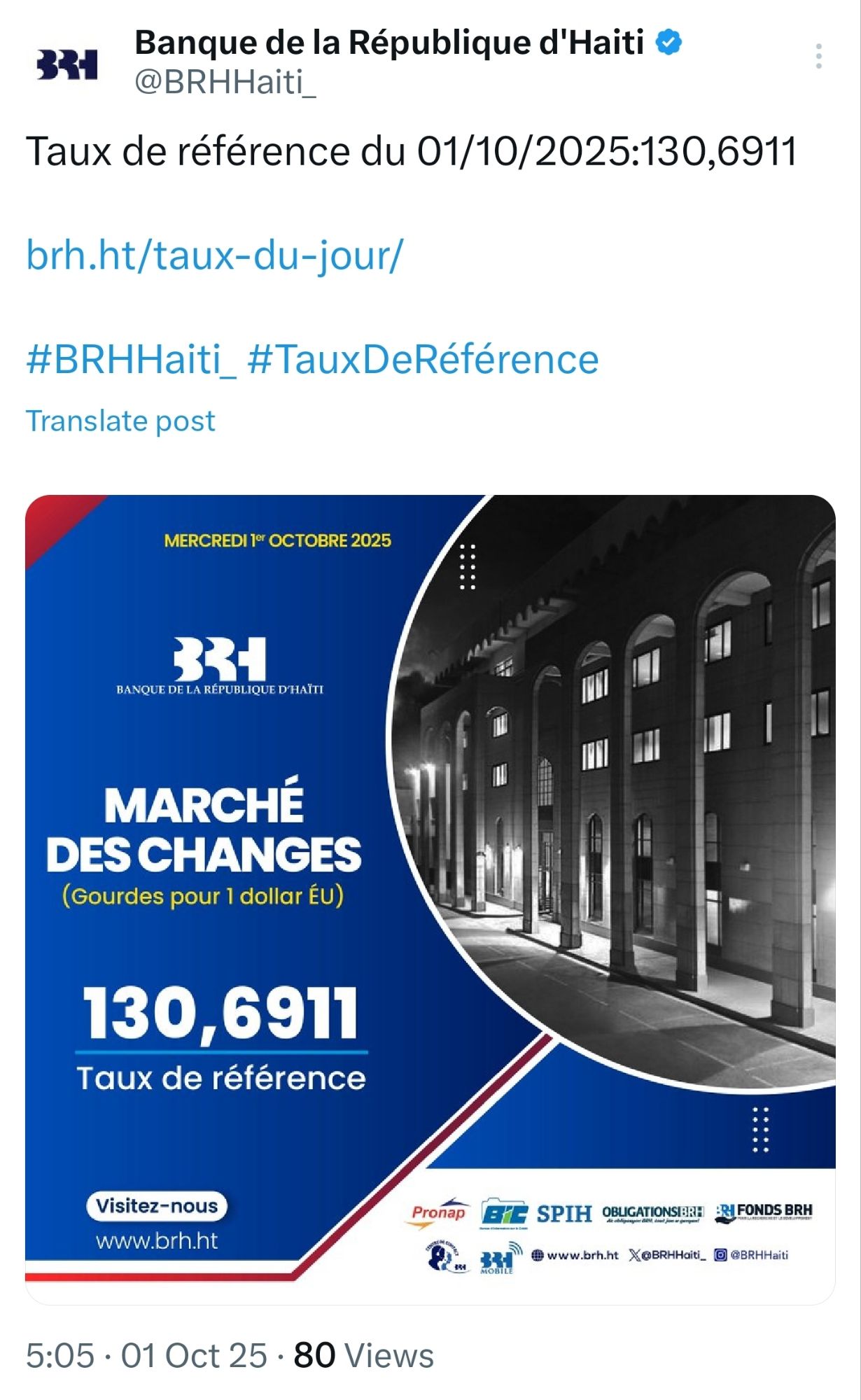 Taux de référence de la BRH pour le 1er octobre 2025