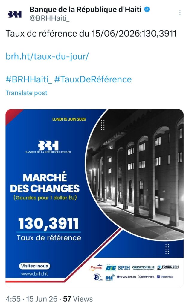 Taux de référence de la BRH pour le 15 juin 2026